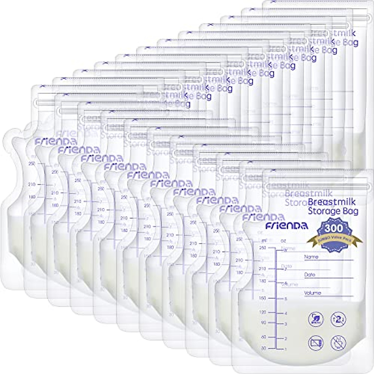 300 Count Breastmilk Storage Bags 8 oz Breast Milk Storing Bags Milk Storage Bags for Breastfeeding with Pour Spout Double Seal Self Standing Breastmilk Storing Bags