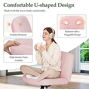 Orange Factory Criss Cross Chair with Wheels, Armless Cross Legged Office Desk Chair, Wide Comfy Vanity Rolling Swivel Modern Comfortable Fabric Computer Task Chairs for Home Office (Pink)