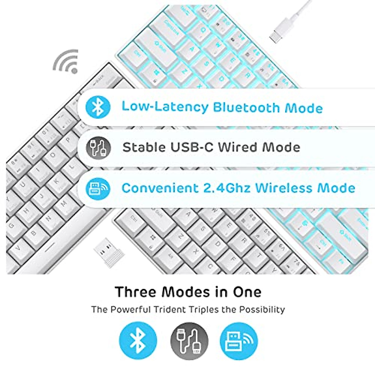 RK ROYAL KLUDGE RK61 Wireless 60% Triple Mode BT5.0/2.4G/USB-C Mechanical Keyboard, 61 Keys Bluetooth Mechanical Keyboard, Compact Gaming Keyboard with Software (Hot Swappable Blue Switch, White)