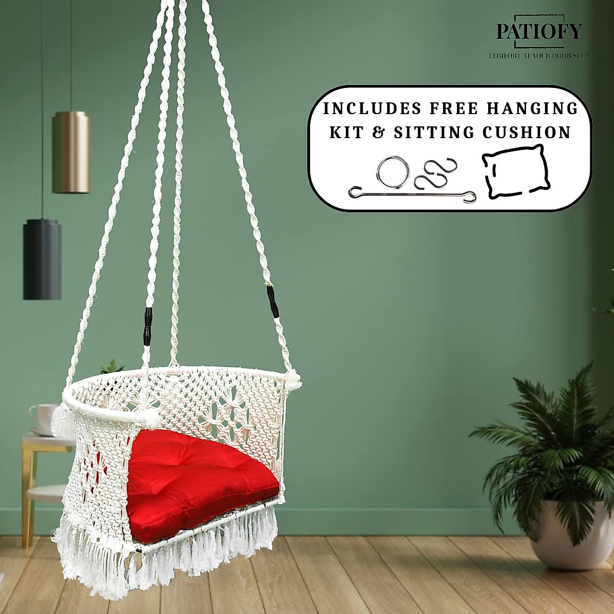 Swing/ Swing for Balcony/ Swing for Adults/ Swing Chair for Adults for Home/ Premium C Shape Swing with Macrame Floral Design/ Hanging Jhula for Adults/ Zula/ Red Cushion & Hanging Kit Included-White