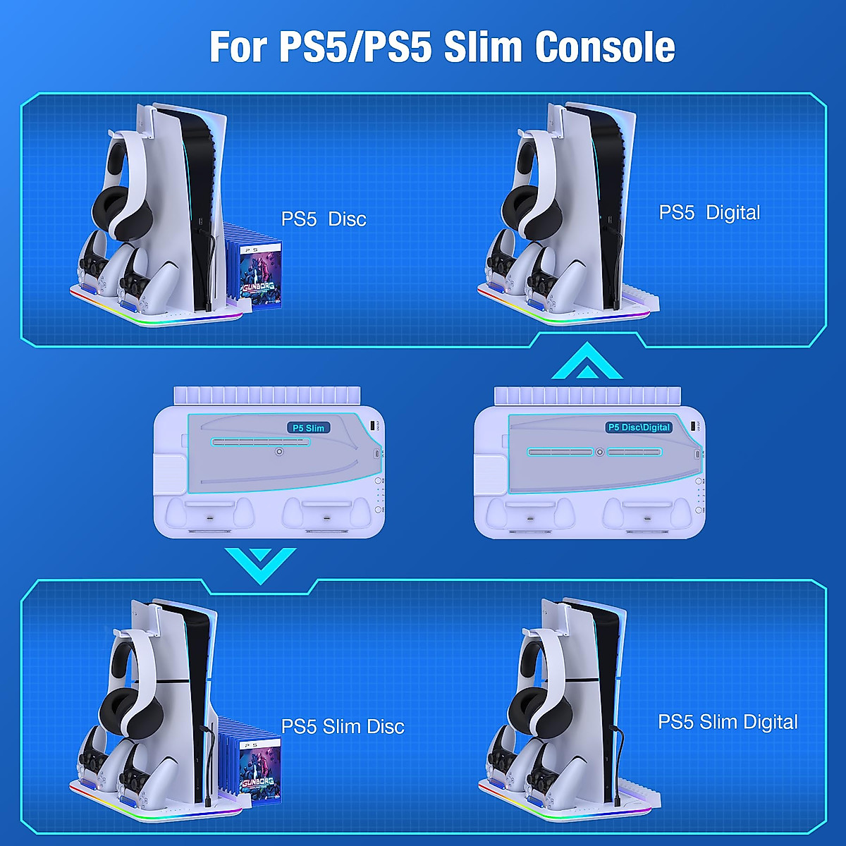 PS5 Stand PS5 Slim Stand with Cooling Station and Controller Charging Station for PS5 Slim Console Disc/Digital, PS5 Cooling Fan, RGB, Headset Holder, 15 Game Slot for Playstation 5 Accessories, White