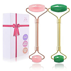 ZS ZESHIN (2 Pack) Jade Facial Roller & Rose Quartz Face Roller for Wrinkles and Puffiness, Natural Jade Stone Face Massager Roller