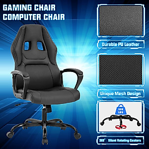 Gaming Chair PC Office Chair Ergonomic Gamer Chair PU Leather Executive Computer Chair with Lumbar Support High Back Adjustable Rolling Swivel Desk Chair for Adult Teen, Black