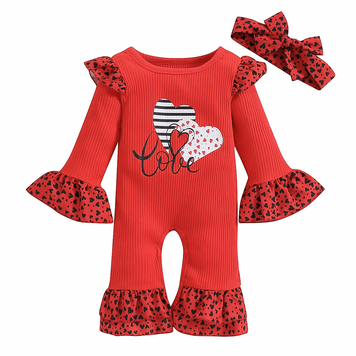 Emmababy Valentines Day Outfit Baby Girl Flared Jumpsuit Heart Print Ruffle Romper Long Sleeve Playsuit Bodysuit Headbands (red, 0-3 Months)