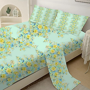 VTKON Green Queen Floral Sheets for Girls Women Adults Botanical Sheets Soft Microfiber Cute Floral Sheets Set for Room Decor with 1 Flat Sheet+ 1 Fitted Sheet+ 2 Pillowcases