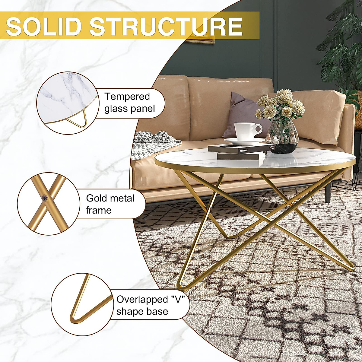 HLR Round Coffee Table with White Faux Marble Top