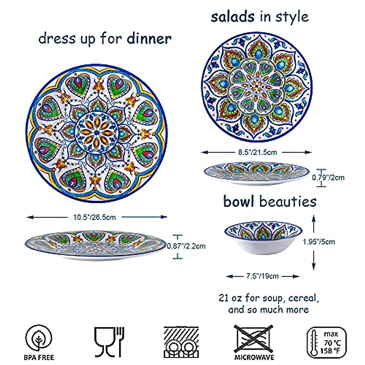 Melamine Dinnerware Set - 12 Pcs Dishware DurableOutdoor Plastic Plates Bowls Service for 4 (Gold Floral)