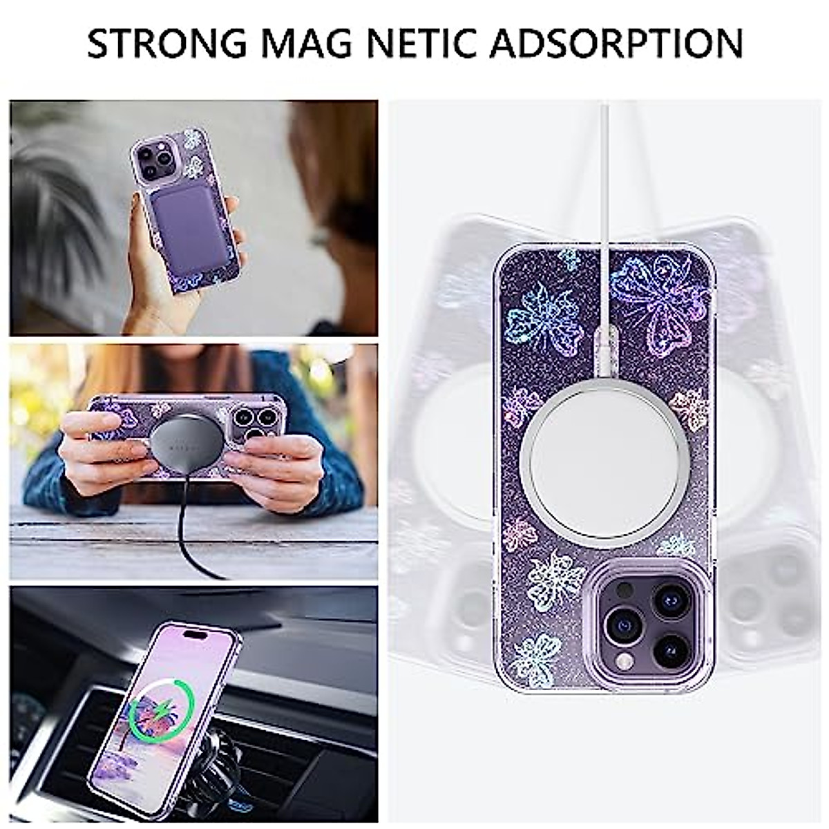 GUAGUA for iPhone 14 Pro Max Magnetic Case, Compatible with Magsafe Clear Glitter Butterfly Slim TPU Transparent Shockproof Protective Bling Phone Case for iPhone 14 Pro Max 6.7", Fantasy Butterfly