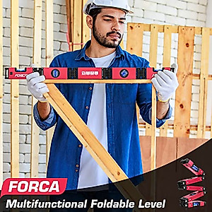FORCA Foldable Level, Magnetic Folding Level Tool, Multi-Angle Measurement Woodworking Tools, Multi-Function Portable Level Measuring Tool with 4 Level Bubbles 45°/90°/180° + Pocket Level