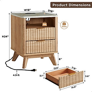 T4TREAM Fluted Nightstand with Charging Station, 18" Modern Side Table with Faux Marble Top, 2 Drawers End Table w/Storage, Bedside Table for Bedroom, Living Room, Curved Profile Design, Natural Oak