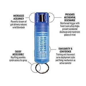SABRE Practice Spray with Twist Lock, Inert Water-Based Formula, 10-Foot (3-Meter) Range, Helps to Build Confidence, Muscle Memory and Familiarity, Ergonomic Finger Grip, Key Ring, Blue