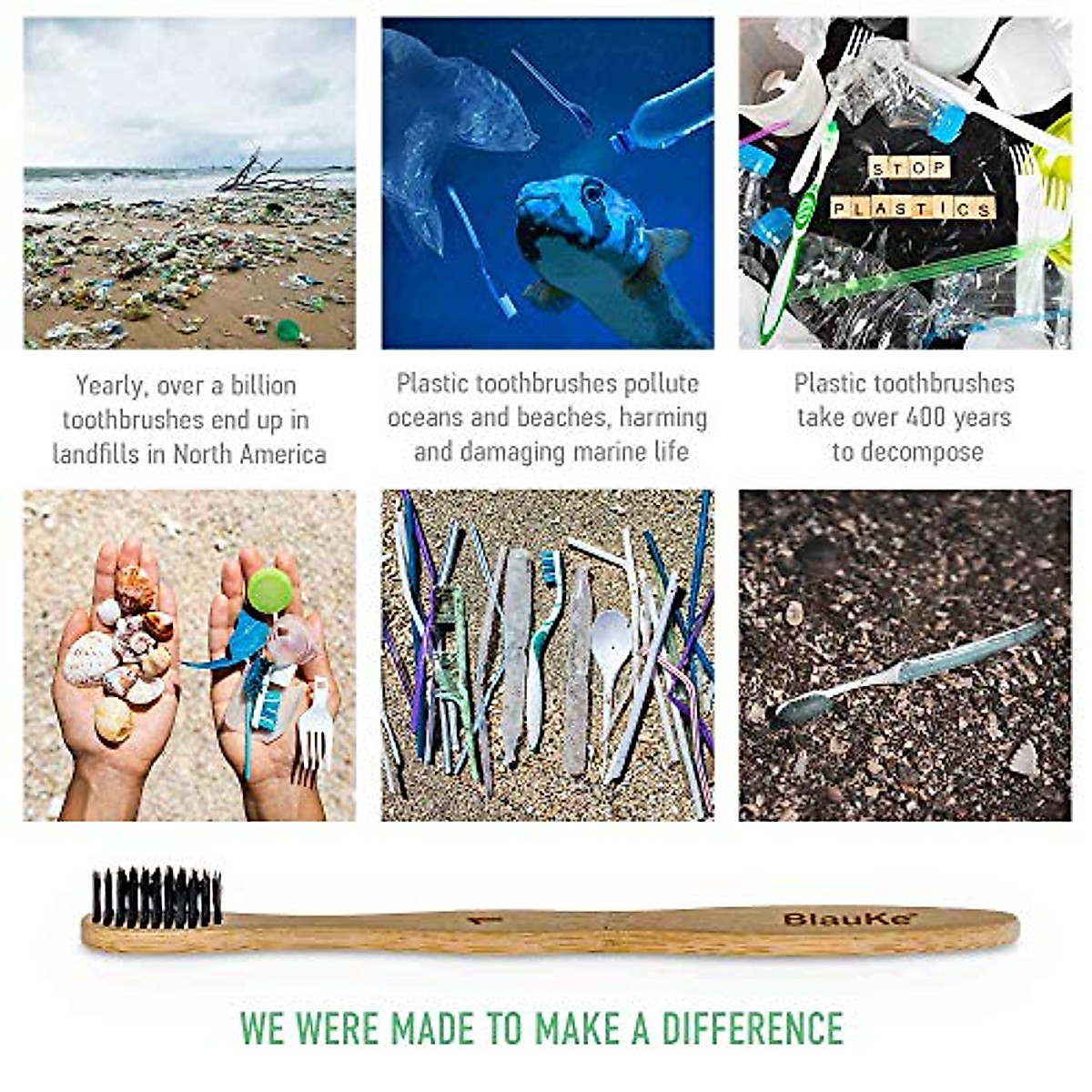 BlauKe Bamboo Toothbrushes Medium Bristles 5-Pack – Biodegradable, Sustainable, Natural, Eco Friendly – Black Charcoal Wooden Toothbrush Set