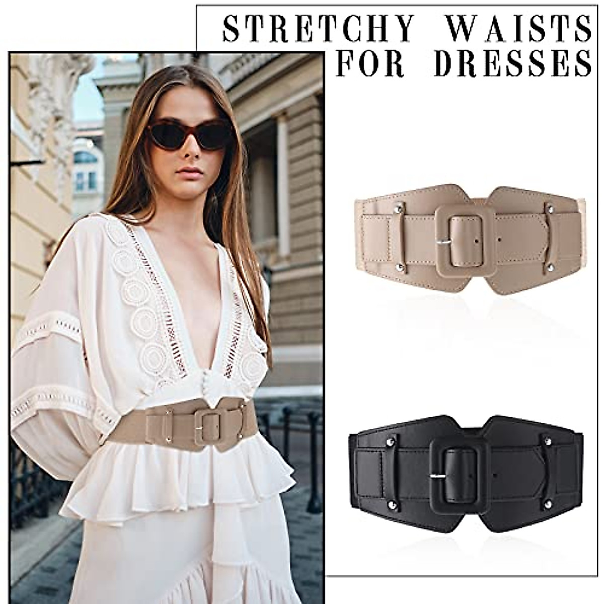 Geyoga Women Wide Belt for Dresses Women Dress Belt Stretchy Cinch Belt Corset Belt Retro Chunky Buckle Belts (Black, Camel)