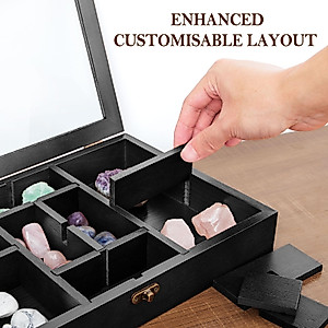 Mooncraftlogy Adjustable Rock Display Case, Crystal Collection Box with Shelves, Wood Witchy Stones Organizer Storage,Gem Holder with Lid for Seashell, Collectibles, Wiccan Gift for Women (Black)