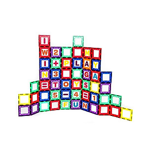 Playmags Magnetic Tile Building Set: Exclusive Educational Clickins – 80-Pc. Kit: 40 Super Strong Clear Color Magnet Tiles Windows & 40 Letters & Numbers – Stimulate Creativity & Brain Development