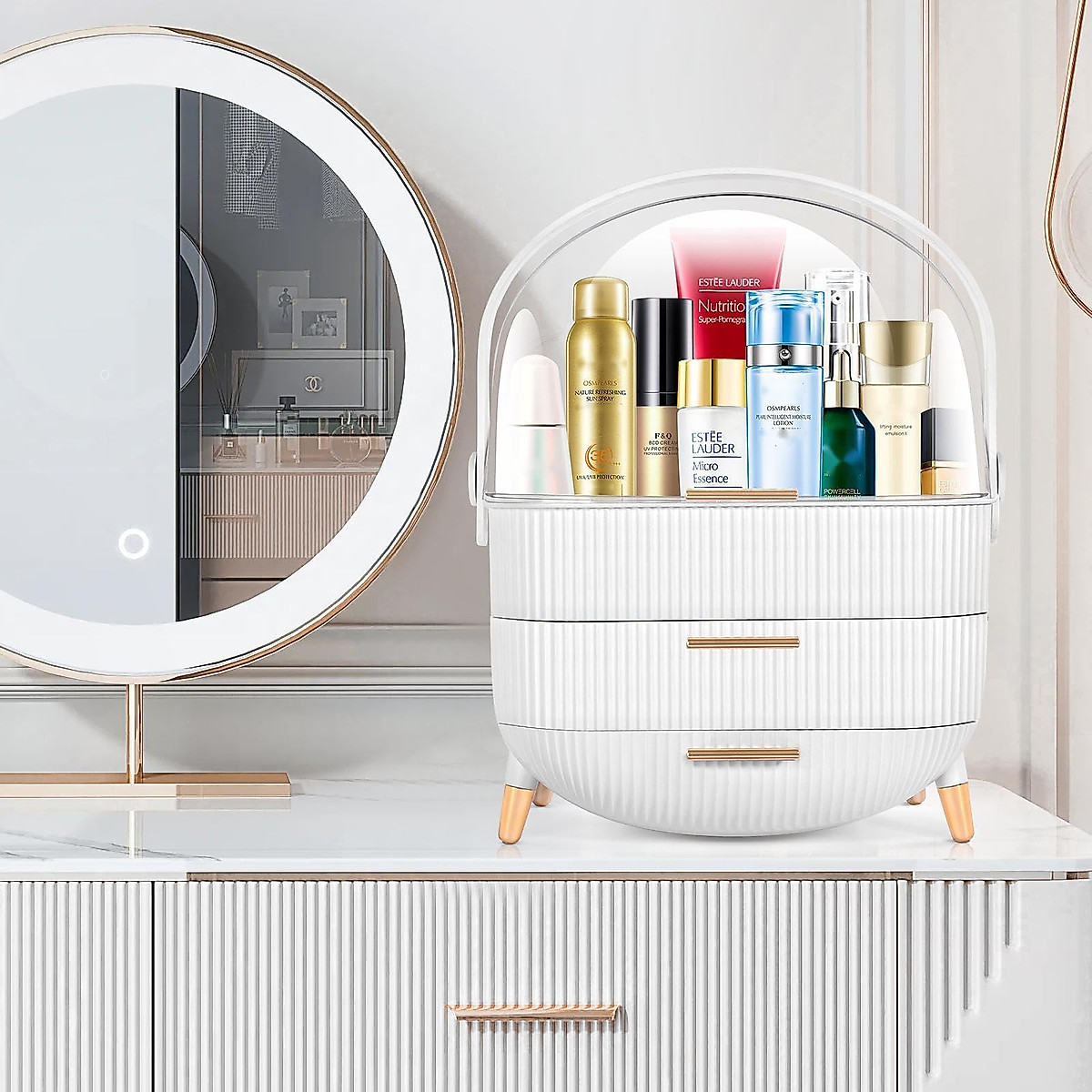 IGDMM Preppy Makeup Organizers,Skincare Organizer for College Students,Portable Cosmetic Organizer Makeup Caddy for Dorm,Bathroom,Dresser Cosmetic Storage Box. (WHITE)