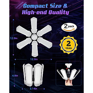 KPBOTL 150W Upgrade LED Garage Lights 2 Pack Screw in Garage Light Bulb 6+1 Adjustable Panels Garage Lighting 15000LM 6500K Deformable Garage Lights Ceiling LED Shop Light for Barn Attic Basement