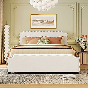 Wooden Queen Bed Frame Upholstered Platform Bed with Stud Trim Headboard and Footboard and 4 Drawers No Box Spring Needed, Velvet Fabric, Queen Size (Beige)