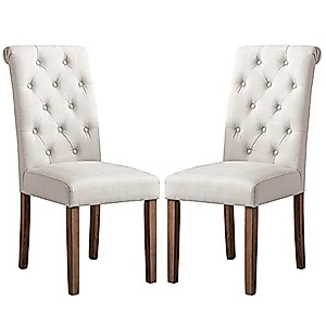 COLAMY Tufted Dining Chairs Set of 2, Accent Parsons Diner Chairs Upholstered Fabric Dining Room Chairs Side Chair Stylish Kitchen Chairs with Solid Wood Legs and Padded Seat - Beige/White