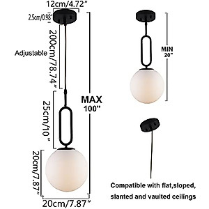 BAODEN Large Globe Pendant Light Set of 2 Modern Black Orb Chandelier with White Ball Glass Lampshade Industrial Ceiling Lamp Adjustable Hanging Lighting Fixture for Kitchen Island Dining Bedroom