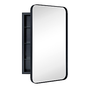 EGHOME Matt Black Rectangle Recessed Bathroom Medicine Cabinet with Mirror Stainless Steel Metal Framed Rounded Rectangular Bathroom Cabinet with Mirror 16.5x27.5''
