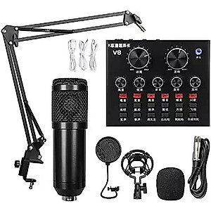 N-S Podcast Equipment Bundle Condenser Microphone Kit with Two Live Sound Card,Adjustable Mic Suspension Scissor Arm, Metal Shock Mount and Double-Layer Pop Filter for Studio Recording & Broadcasting