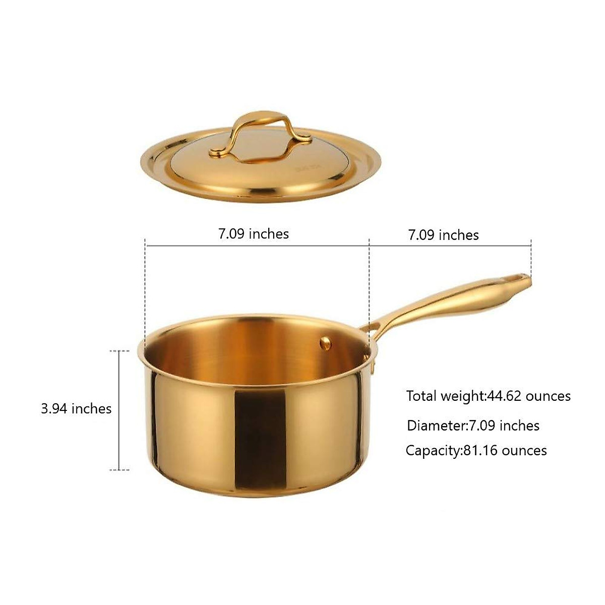 18/8 Stainless Steel Saucepan with Lid, 2.5 Quart Nonstick Sauce Pan, Small Pots for Cooking, Dishwasher Safe, Gold