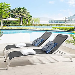 Lounge Chair Chaise, Set of 2, Aluminum, Metal, Black, Modern, Outdoor Patio Balcony Cafe Bistro
