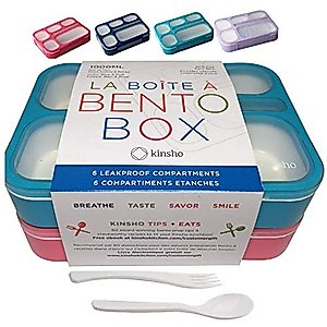 Bento Lunch Box Kids & Adult: Leakproof Lunch Containers for Boys & Girls with 6 Compartments - School, Daycare, Meal Planning Portion Control Container, BPA-Free Boxes, Utensils, Blue & Pink Set