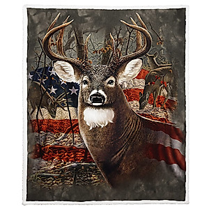 HommomH Deer Sherpa Blanket 50"x 60" American Flag Deer Blankets Super Soft Fuzzy Thick Warm Fleece Throw for Man Bed Couch