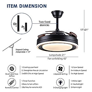 Asyko Retractable Ceiling Fans with Lights and Remote Control - Modern Bladeless Ceiling Fans Enclosed Ceiling Fan with LED Lighting for Bedroom/Living Room/Study (Black 42")