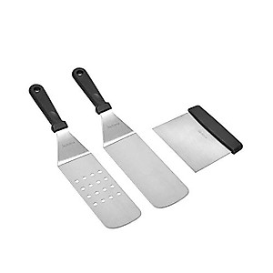 Skyflame 3 Piece Griddle Accessories Kit, Stainless Steel Professional Long BBQ Grill Spatula/Turner & Scraper Set for Flat Top Grill Hibachi Camping Cooking