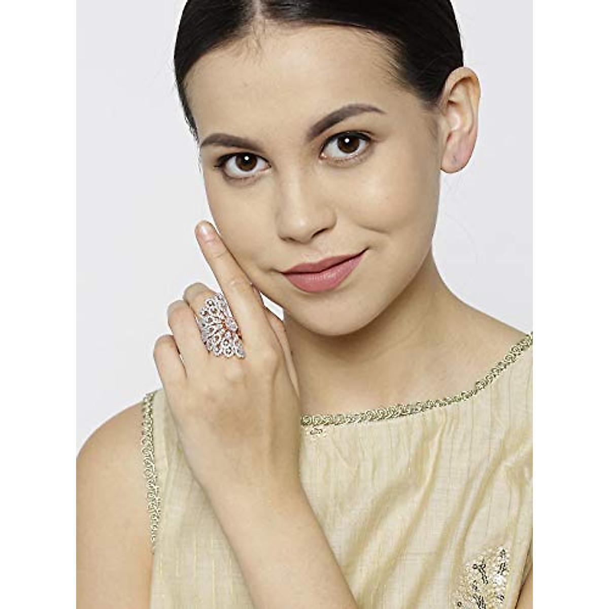 Priyaasi Sparkling American Diamond Ring for Women | Half-Flower Design | Rose Gold-Plated | Stylish Statement Cocktail Ring for Girlfriend & Wife | Size - 22