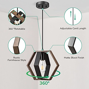 EDISHINE Pendant Lights for Kitchen Island, Farmhouse Hanging Light Fixture with Wood Grain and Black Finish, Adjustable Height Pendant Light for Kitchen Table, Hallway, Entry, cULus Listed