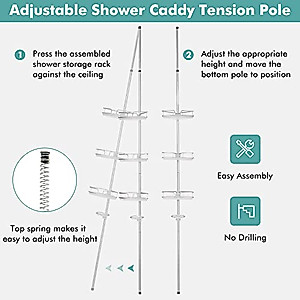Tangkula 60"-108" Adjustable Shower Caddy Tension Pole, 4 Tier Drill Free Organizer w/3 Removable Baskets & 1 Soak Tray, Rustproof Aluminum Corner Shower Storage Rack (Silver)