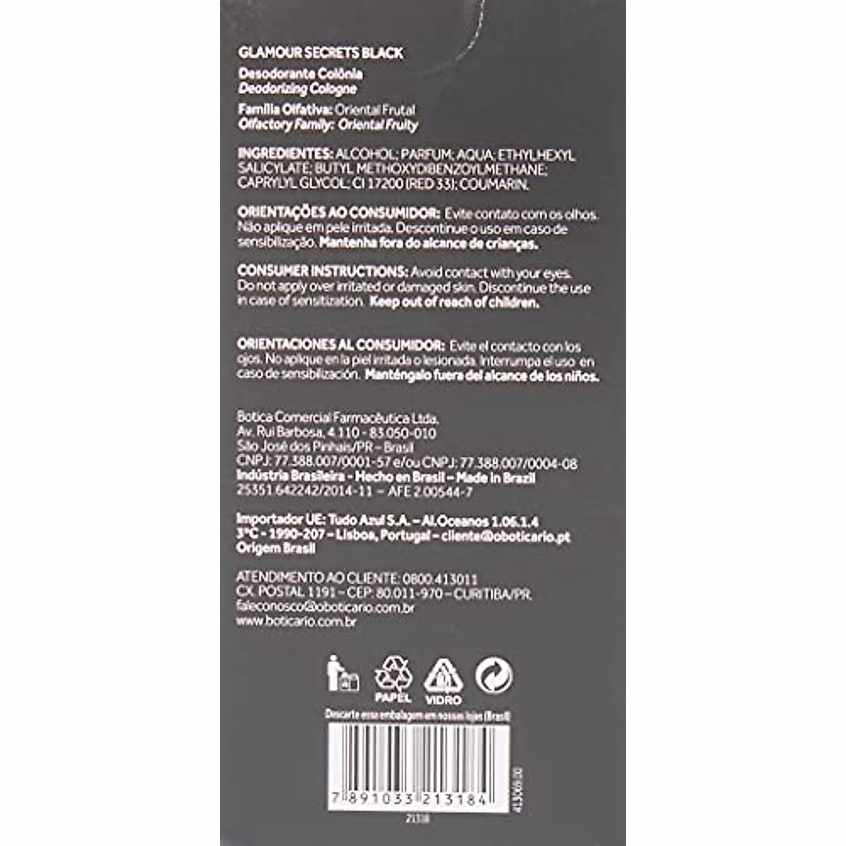 METERO Linha Glamour (Secrets Black) Boticario - Colonia Feminina 75 Ml - (Boticario Glamour (Black Secrets) Collection - Eau de Toilette for Women 2.53 Fl Oz)