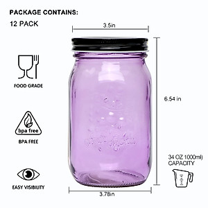 QAPPDA 32 OZ Glass Jars with Lids Set of 12,Colorful Wide Mouth 1000ML Glass Mason Jar with Airtight Lid,Durable Glass Food Storage Canning Jars for DIY Crafts,Dry Food,Jams,Preserving