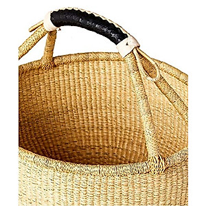 Fair Trade Ghana Bolga African Dye-Free Market Basket Natural Baskets (14"-16" Large: Black Handle)