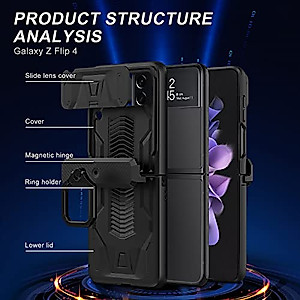 DOOTOO for Samsung Galaxy Z Flip 4 Case with Ring Holder, Z Flip 4 Case Magnetic Hinge Protection Slideway Lens Camera All-Inclusive Cover for Samsung Galaxy Z Flip 4 5G 2022 (Black)