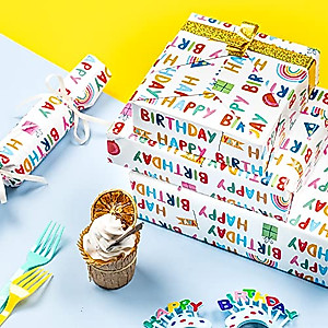 WRAPAHOLIC Birthday Wrapping Paper Roll - Happy Birthday Lettering and Gift Box Design for Birthday, Holiday, Party, Baby Shower - 30 Inch x 33 Feet
