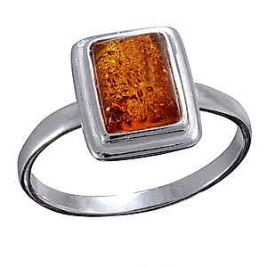 HolidayGiftShops Sterling Silver and Baltic Honey Small Rectangle Amber Adult Ring- Size 7.5