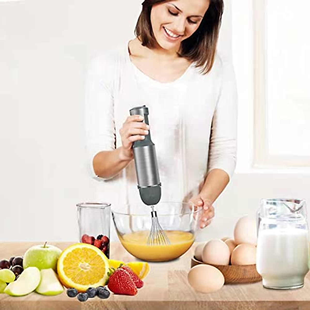 Hand Blender, 5 in 1 Blender, Hand Blender Electric 800W 6-Speed and Turbo Mode, Immersion Blender with 500ml Food Chopper, 600ml Container, Milk Frother, Egg Whisk, for Smoothie Sauces Food Soups