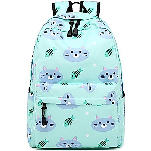 Backpack for School Girls Kids Bookbag Set Water Resistant School Bag with Insulated Lunch Bag (Cat-Water Blue)