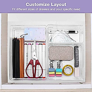 Puricon [10 Pcs] Desk Drawer Organizers, Plastic Clear Organizing Bins, Bathroom Organizers Storage Container Vanity Tray for Makeup Dresser Toilet Kitchen Office