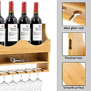 Utoplike Wall Mounted Wine Rack with Glass Holder, Wall Wine Glass Bottle Racks, Bamboo Hanging Bottle Holder Storage for Kitchen, Dining Room, Bar