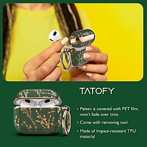TATOFY Case Cover for AirPods 3, AirPods 3 Case for Women, Flora Protective Hard Case with Carabiner, Led Visible, Wireless Charging Compatible (Golden Green)