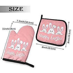 DRAYTSO Happy Easter Oven Mitts and Pot Holders Set, Spring Colorful Egg Heat Resistant Kitchen Set Oven Gloves Non-Slip Potholders for Cooking Baking Grilling Gifts Microwave Gloves Hot Pad, Black