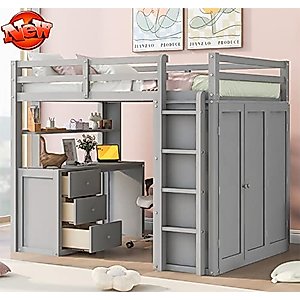 SNIFIT Latest Upgraded & Stronger Solid Wood Full Size Loft Bed with Desk Underneath & Storage Drawers & Shelf & Wardrobe, Thickened Enhanced Wooden Full Loft Bed Frame (Easier to Assemble) (Gray)