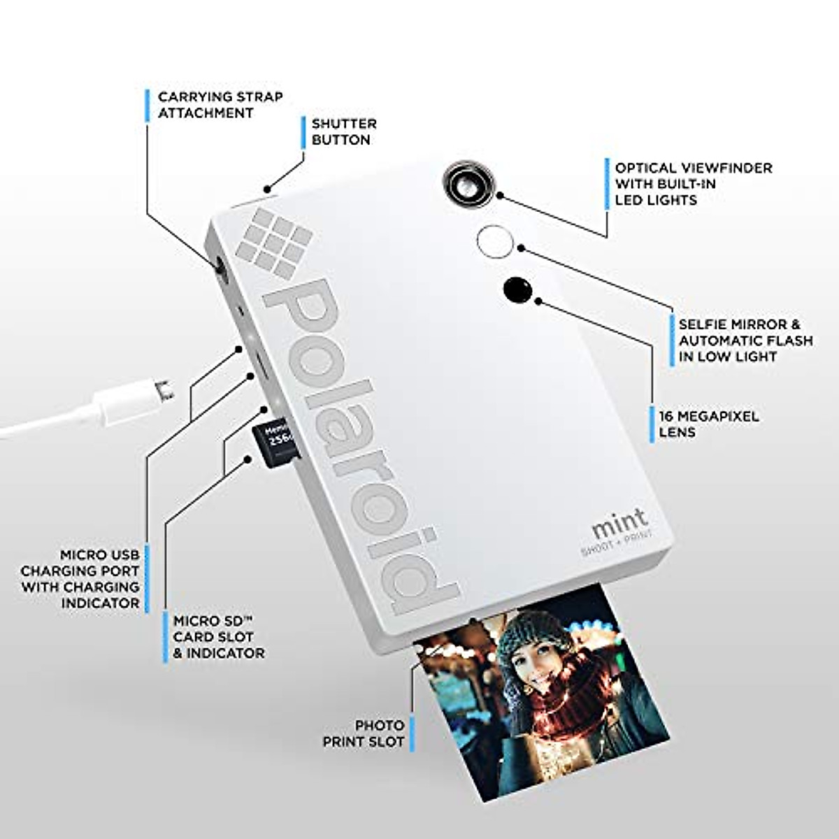 Zink Polaroid Mint Instant Print Digital Camera (White), Prints on Zink 2x3 Sticky-Backed Photo Paper