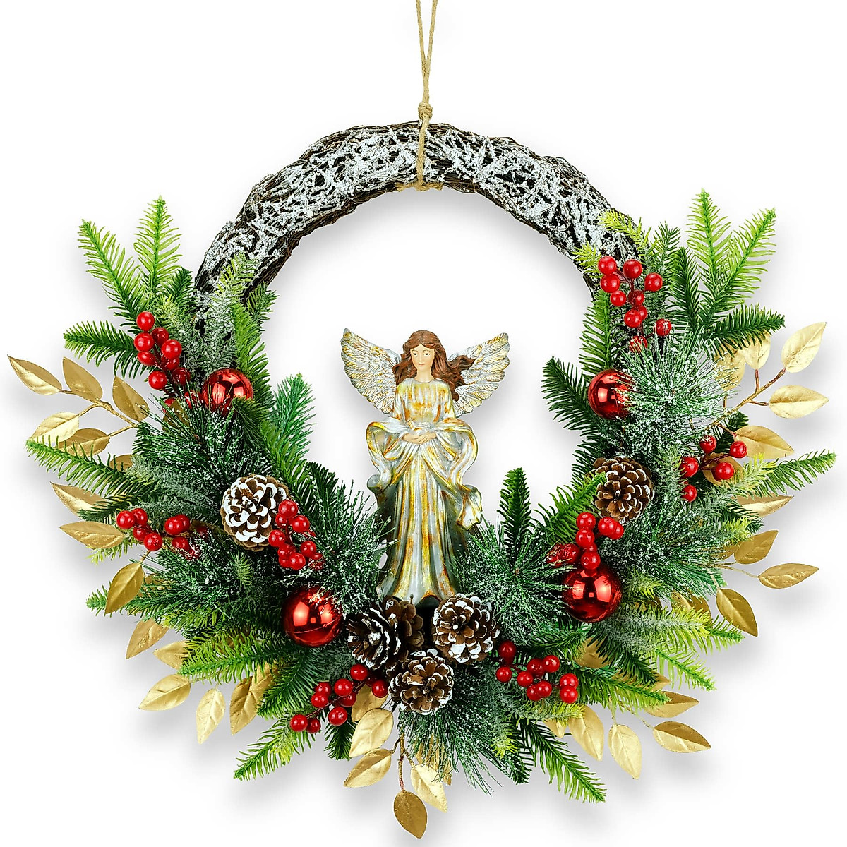 24" Angel Christmas Wreath, Artificial Holiday Wreath with Resin Angel Statue, Natural Rattan Ring & Pine Cones, Golden Leaves, Red Baubles, Spruce Branches, Snowy Pine Needles (Angel)